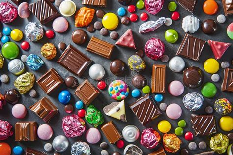 Assorted Types Of Vibrant Chocolate Candies Spread Out On A Table With Shiny Wrappers