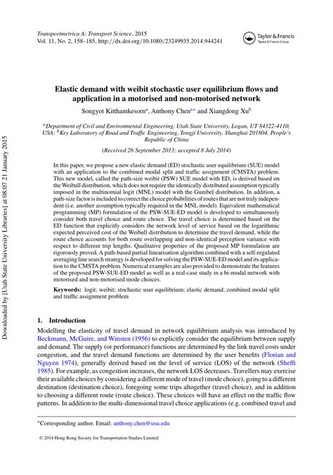 Pdf Elastic Demand With Weibit Stochastic User Equilibrium Flows And Application In A