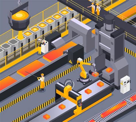 철강 주조 노동자와 금속 가공 공정 3d 아이소 메트릭 배경 무료 벡터