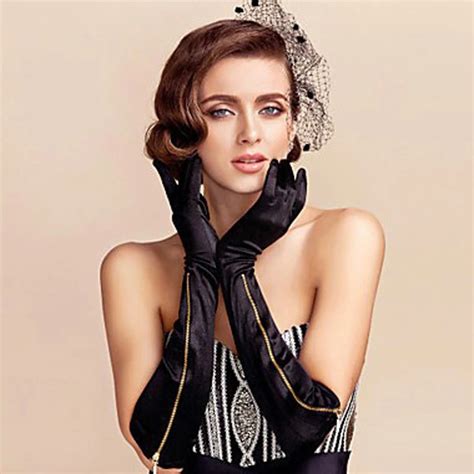 Vintage Women Sexy Long Gloves Five Fingers Mittens Elbow Length Zipper