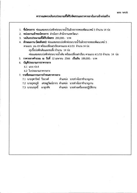 ตารางแสดงวงเงินงบประมาณที่ได้รับจัดสรรและราคากลางในงานจ้างก่อสร้าง ซ่อมแซมขอบบ่อพักท่อระบายน้ำ