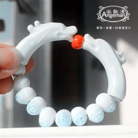景德镇手工陶瓷首饰品白瓷龙首手链双龙抢珠款辟邪转运气质手镯dluestar