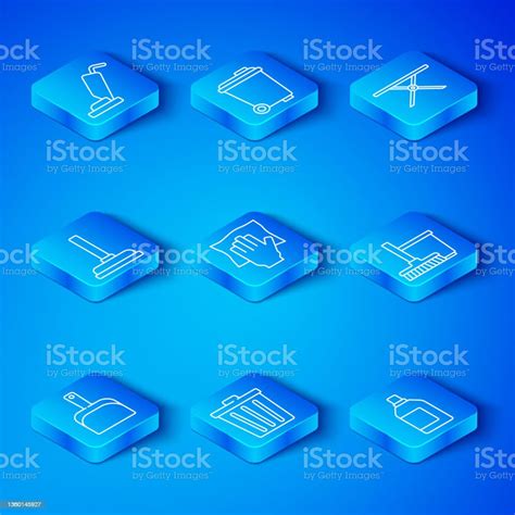 세트 라인 더스트 팬 청소 서비스 쓰레기 캔 걸레와 양동이 다림질 보드 고무 플런저 진공 청소기 및 청소 에이전트 아이콘에 대한 병 벡터 3차원 형태에 대한 스톡 벡터 아트