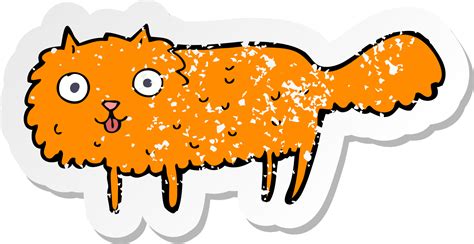 Pegatina Retro Angustiada De Un Gato Peludo De Dibujos Animados