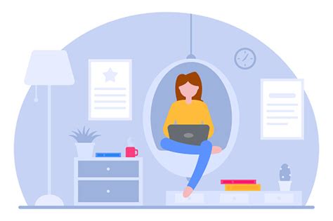 가정에서 작업의 벡터 개념 프리랜서 소녀는 그네에 앉아있는 동안 노트북에서 작동합니다 검역소에서 집에서 원격 작업 학습 개념 코워킹 스페이스 플랫 일러스트레이션 코비드19