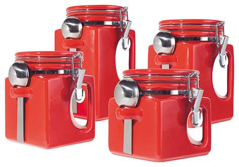 Oggi Ez Grip 4 Piece Ceramic Airtight Canister Set Red Contemporary Kitchen Canisters And