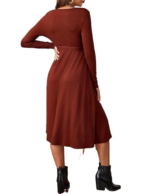 Casual Plain Deep V Neck A Line Long Sleeve Burnt Orange Maternity
