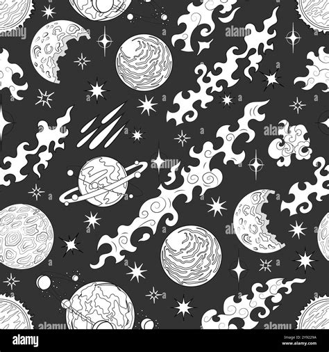 Seamless Pattern Illustration With Retro Future Space Objects Moon And Planets Line Art