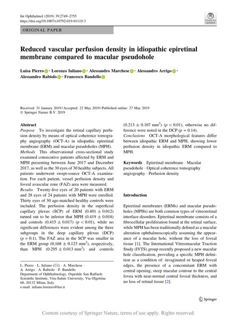 Reduced Vascular Perfusion Density In Idiopathic Epiretinal Membrane Compared To Macular