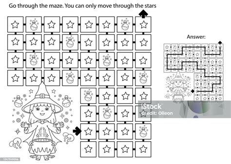 미로 또는 미로 게임 수수께끼 마법의 냄비와 만화 작은 마녀의 색칠 페이지 개요 마법의 물약과 마술 아이들을위한 색칠 공부책 할로윈에 대한 스톡 벡터 아트 및 기타 이미지
