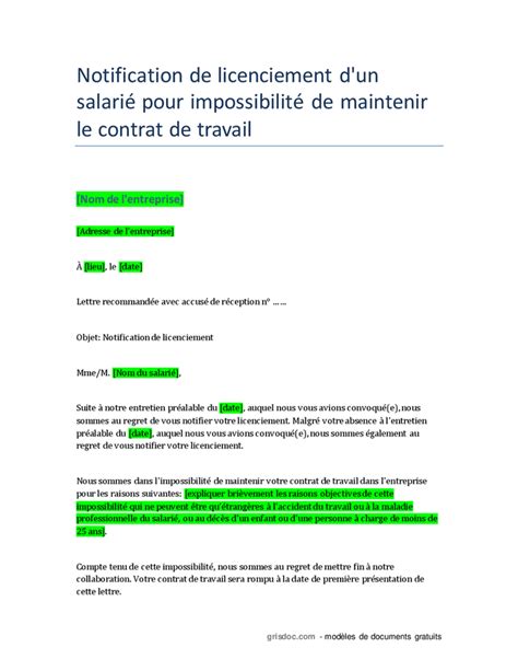 Notification De Licenciement Dun Salarié Pour Impossibilité De