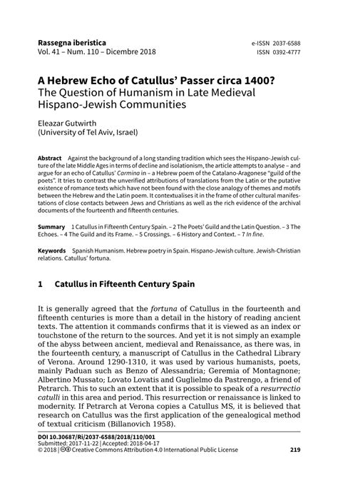 Pdf A Hebrew Echo Of Catullus Passer Circa 1400 The Question Of Humanism In Late Medieval
