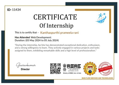 Prameela Rani Kanthaspurthi On Linkedin Mainflow Webdevelopment Internship Certificate