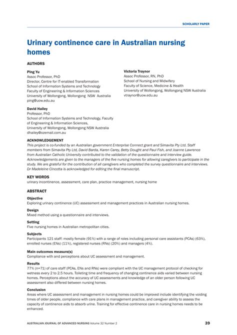 Pdf Urinary Continence Care In Australian Nursing Homes