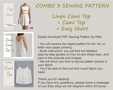 Combo 3 Sewing Patterns Linen Cami Top Cami Top Easy Short Instant