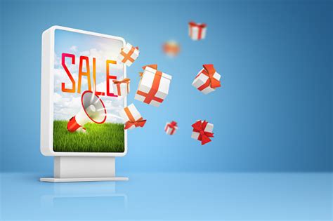 메가폰 빨간색 Sale 사인 및 파란색 배경에 날아다니는 선물 상자가 있는 작은 광고판의 3d 렌더링 3차원 형태에 대한 스톡