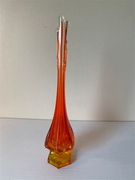 Vintage Hand Blown Swung Glass Bud Vases In Mod Flame Orange And Clear