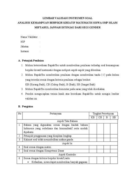 Lembar Validasi Instrumen Soal Pdf