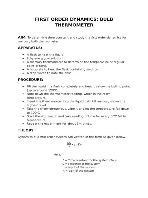 First Order Dynamics Bulb Thermometer Pdf Thermometer Liquids