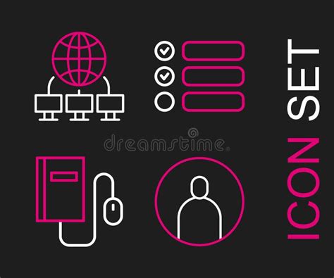 Set Line Create Account Screen Electronic Book With Mouse Task List And Computer Network Icon
