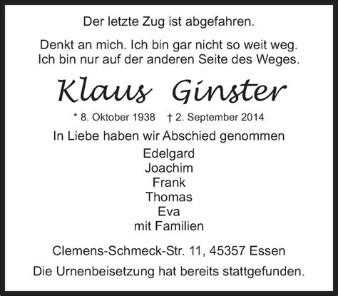 Traueranzeigen Von Klaus Ginster Trauer In Nrw De