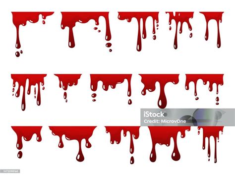 붉은 피가 뚝뚝 떨어졌다 흐르는 페인트 튄 자국 및 물방울 액체 요소 잉크 방울 무서운 할로윈 흐름 국경 만화 네오테릭 얼룩 벡터 세트 0명에 대한 스톡 벡터 아트 및 기타