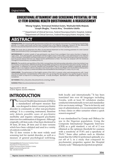 Pdf Educational Attainment And Screening Potential Of The 12 Item