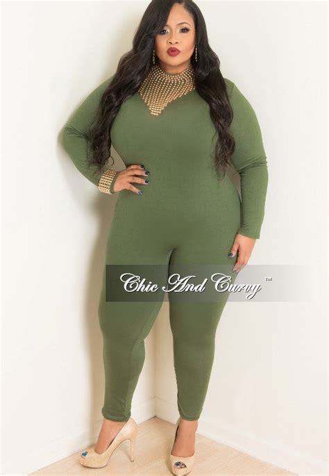 Final Sale Plus Size Long Sleeve Bodysuitjumpsuit In Olive Green