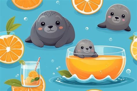 Cute Seals Drinking Orange Juice Cartoon Vector Icon Illustration