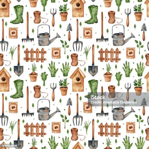 냄비에 다양한 허브와 모종을 가진 수채화 패턴 원예 도구 0명에 대한 스톡 벡터 아트 및 기타 이미지 0명 갈퀴 귀여운 Istock