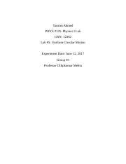 Uniform Circular Motion Lab Report Five Tanzim Ahmed PHYS Physics I Lab CRN Lab