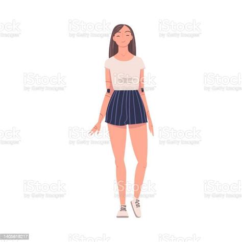 신체 부위 보철물로 로봇 팔을 교체 한 행복한 여성 캐릭터 정상적인 기능을 복원하는 벡터 일러스트 레이 션 건강관리와 의술에