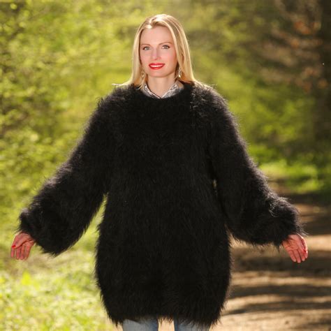 Black Fuzzy Hand Knitted Mohair Sweater Crewneck Black Etsy