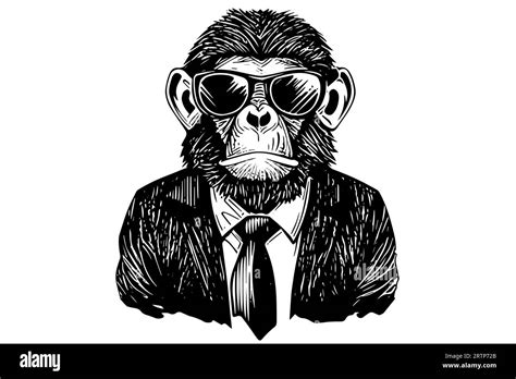 Monkey Businessman Dressed Vector Engraving Style Sketch Illustration