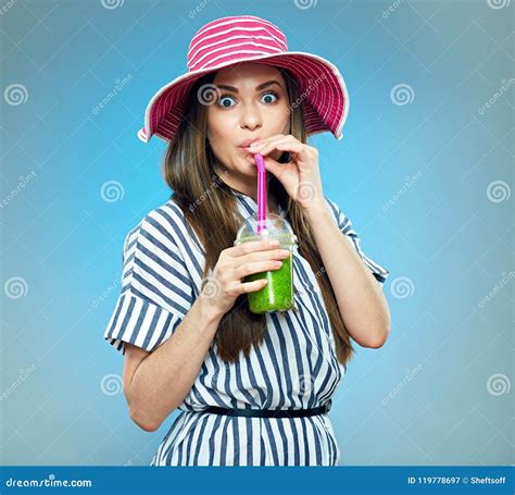 Funny Girl Drinking Green Smoothie Stock Image Image Of Summer