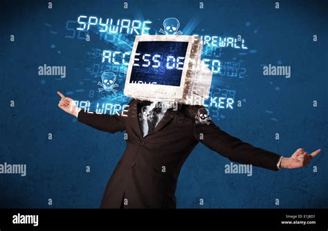 Monitor Head Person With Hacker Type Of Signs On The Screen Stock Photo Alamy
