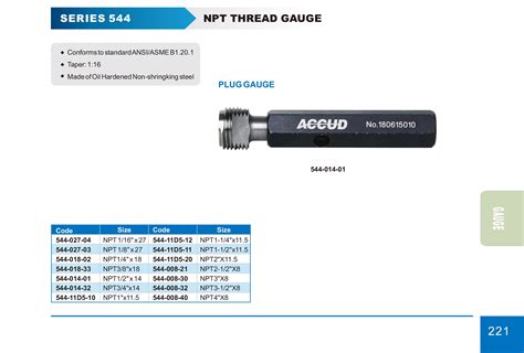 Accud 544 014 01r Npt Thread Plug Gauge Ansi Asme B1 20 1 Npt1 2x14