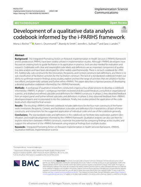 Pdf Development Of A Qualitative Data Analysis Codebook Informed By The I Parihs Framework