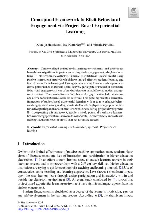 Pdf Conceptual Framework To Elicit Behavioral Engagement Via Project Based Experiential Learning