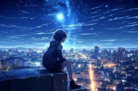Premium Photo Anime Girl Sitting On A Ledge Looking At The City At