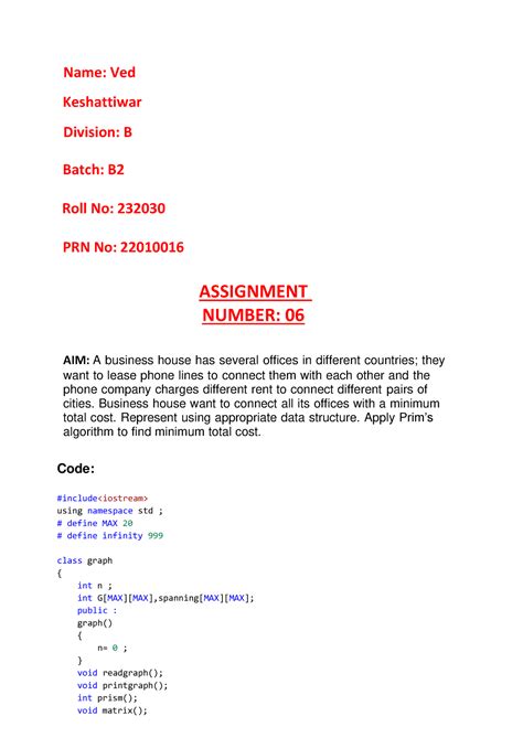 232030 Dsf Assignment 06 Prims Algo Name Ved Keshattiwar Division B
