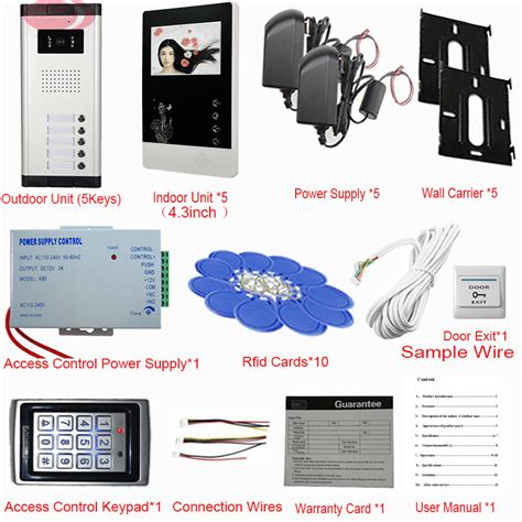 5 Apartments 4 3” Color Video Door Phone Doorbell Intercom Kit Keypad Access Control System