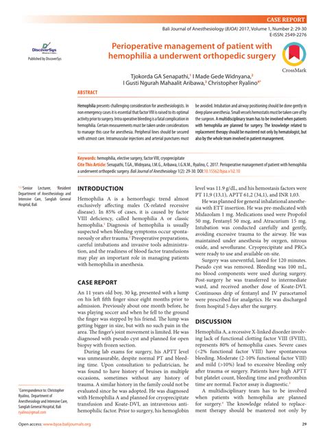 Pdf Perioperative Management Of Patient With Hemophilia A Underwent