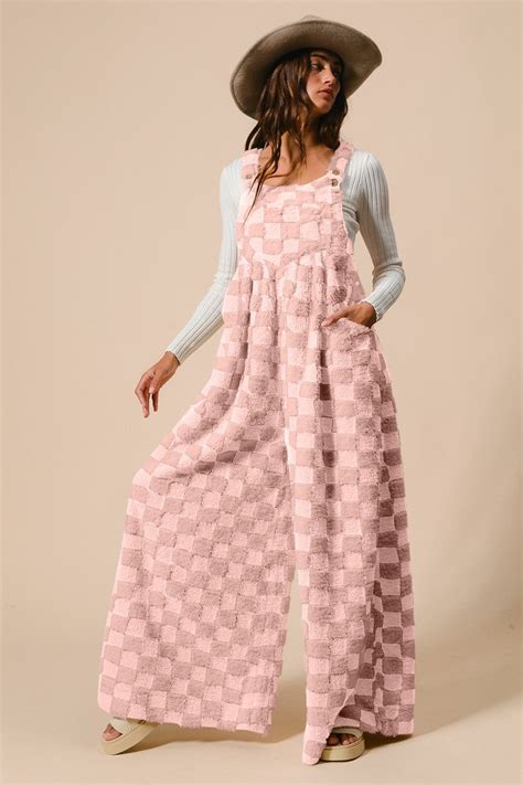 Bibi Checker Print Sherpa Wide Leg Overalls In Dusty Pinkblush June Adel