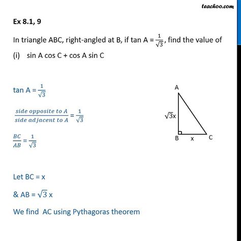 Ex 81 9 In Abc If Tan A 1 Root 3 Find Sin A Cos C