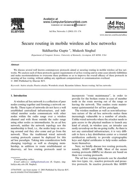 2003 Elsevier Secure Routing In Mobile Wireless Ad Hoc Networks Pdf Routing Wireless Ad