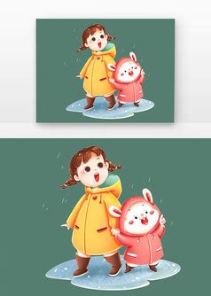 穿黄色雨衣男孩在台风下打伞行走漫画元素 图片114