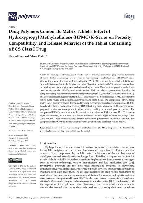 Pdf Drug Polymers Composite Matrix Tablets Effect Of Hydroxypropyl