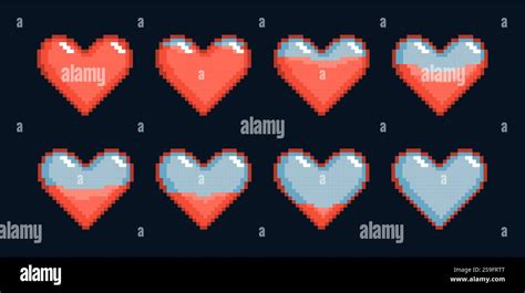 Gradual Decrease In Life Indicator Pixel Heart Health Bar Level Lowering Retro Video Game