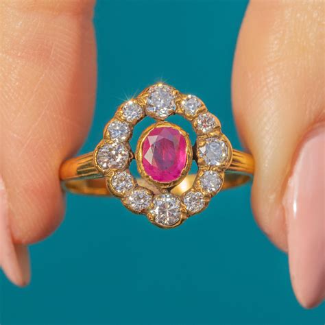 Victorian 18ct Gold Natural Ruby Diamond Cluster Ring